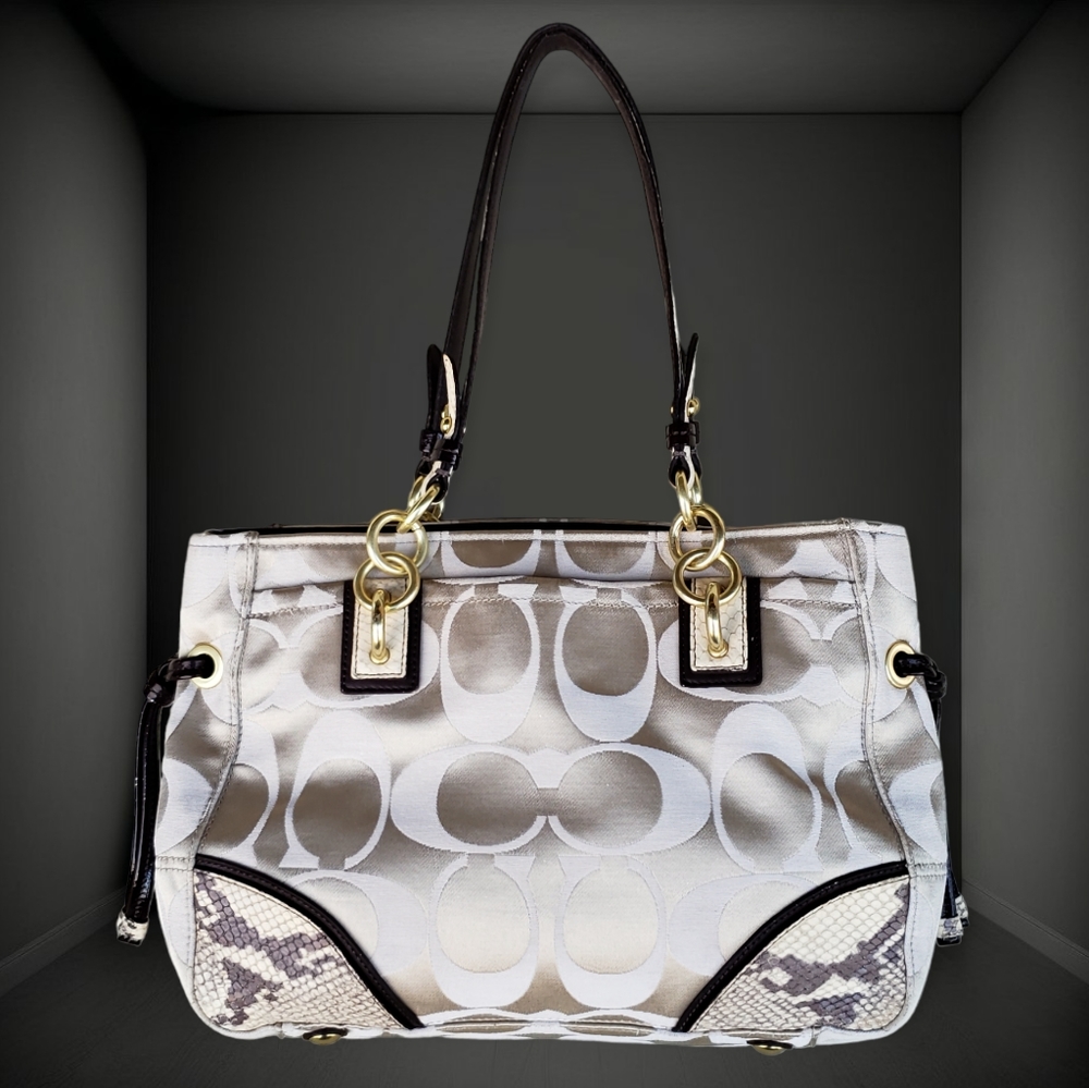 Coach Signature Sateen & Snake Skin Shoulder Bag - Gem